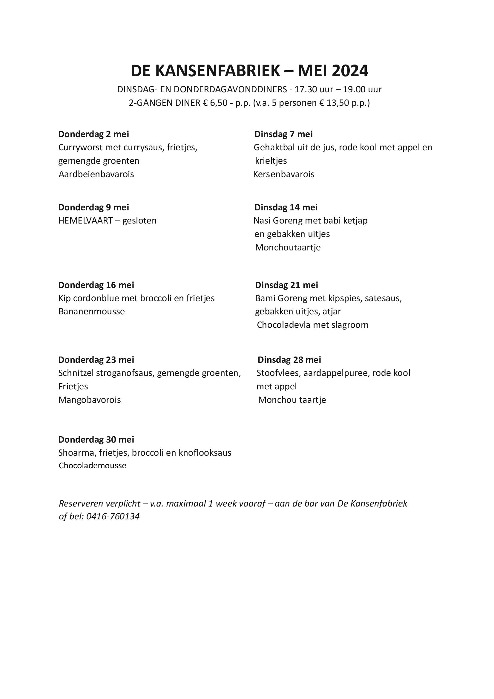 Menu 2-gangen diners dinsdag- & donderdagavond mei 2024 – De Kansenfabriek
