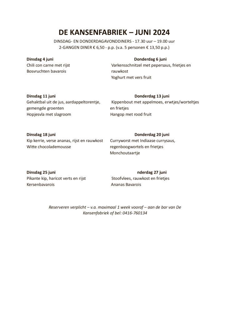 Menu 2-gangen diners dinsdag- & donderdagavond juni 2024 – De Kansenfabriek